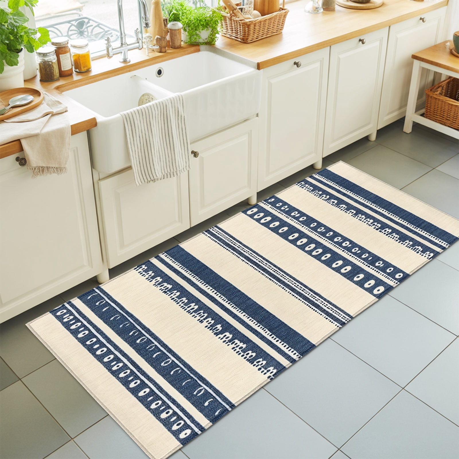 Abstract Geometric Stripe Dot Rectangle Rug 2'x6' Dark Blue Lines on ...