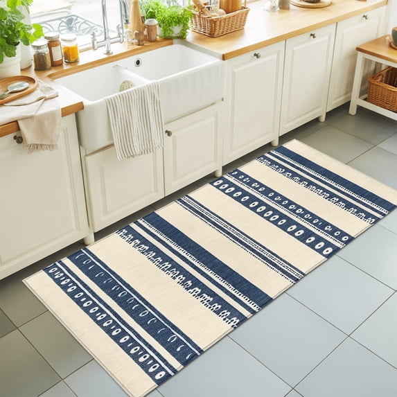 Abstract Geometric Stripe Dot Rectangle Rug 2'x6' Dark Blue Lines on ...