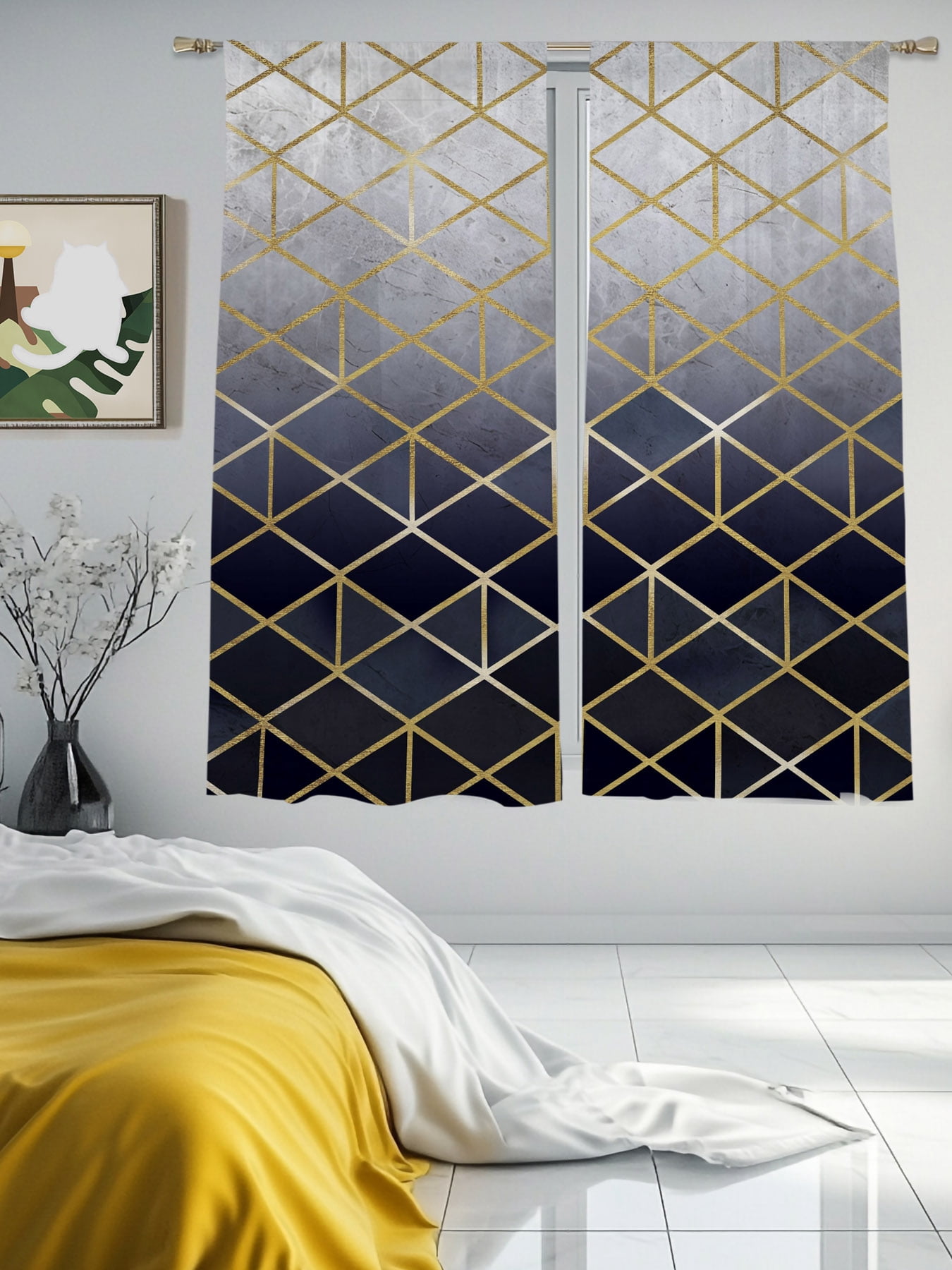 Abstract Geometric Style Chiffon Sheer Curtains 63 Inches Long Blue ...