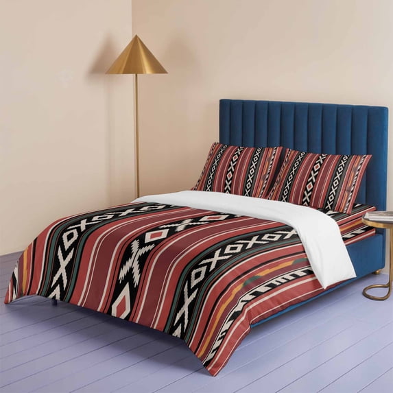 Abstract Geometric Style Queen Size Bed Set,Red Boho Ethnic Tribal ...