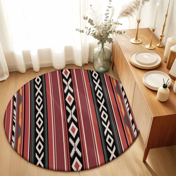 Abstract Geometric Style Round Rug 3ft Red Boho Ethnic Tribal Style ...