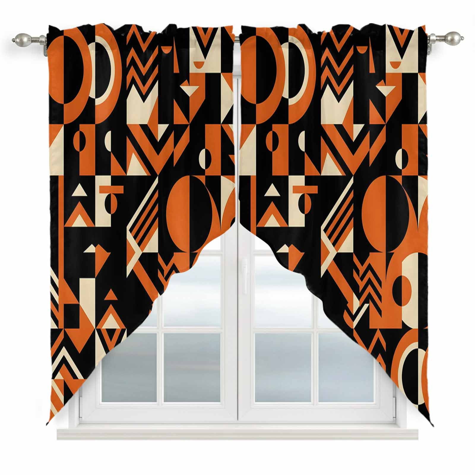 Abstract Geometric Swag Curtain Valance for Window 2 Panels Orange Bold ...