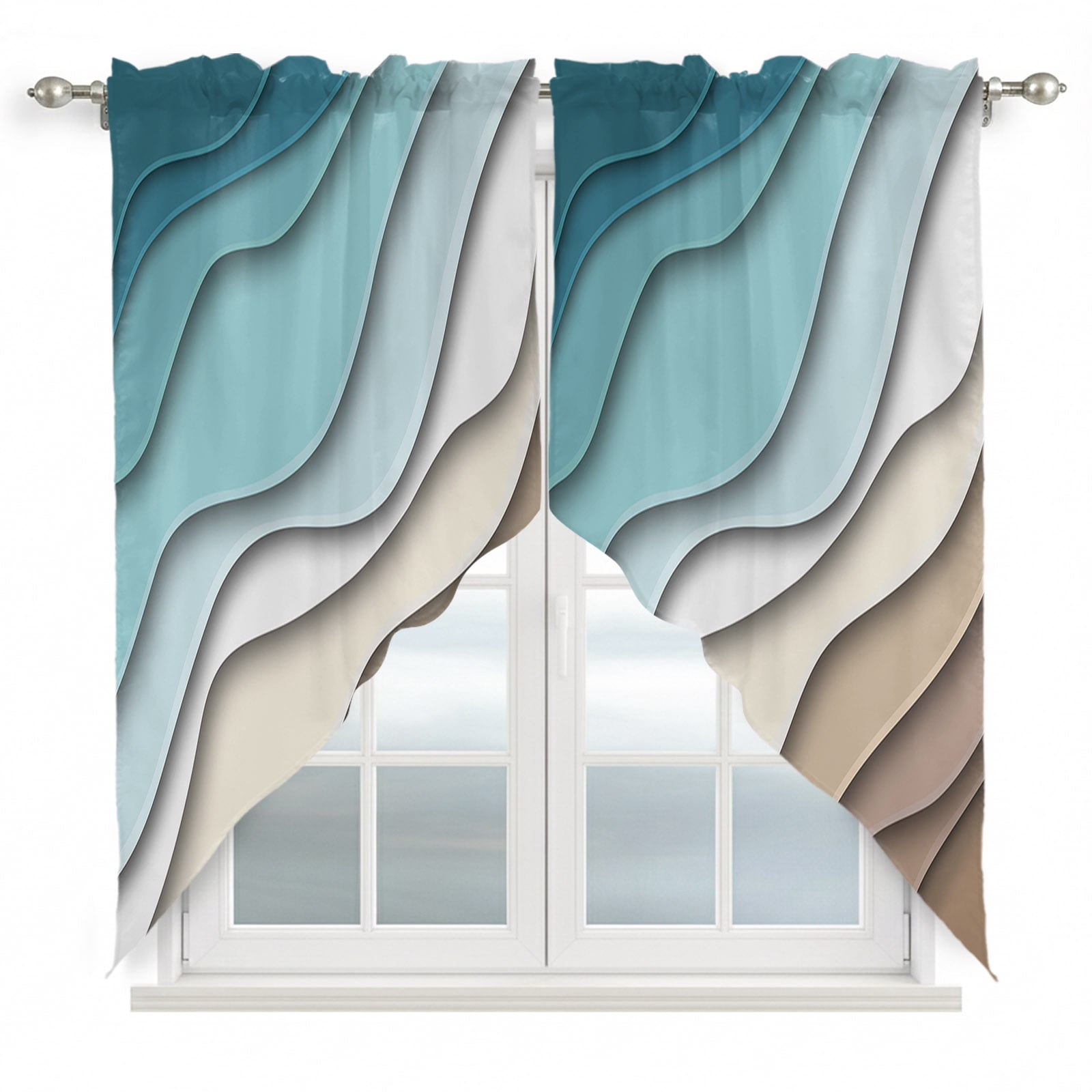Abstract Geometric Swag Curtain Valance for Window 2 Panels Teal Brown ...