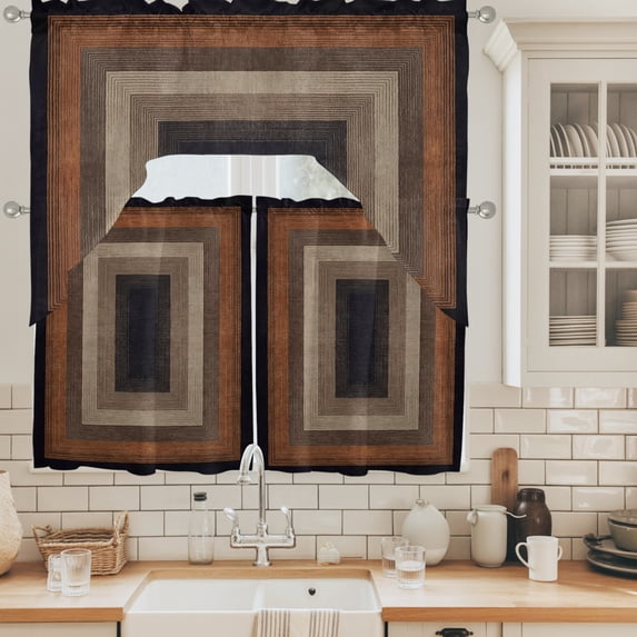 Abstract Geometric Swag Curtains Valance and Tier Set, Black and Brown ...