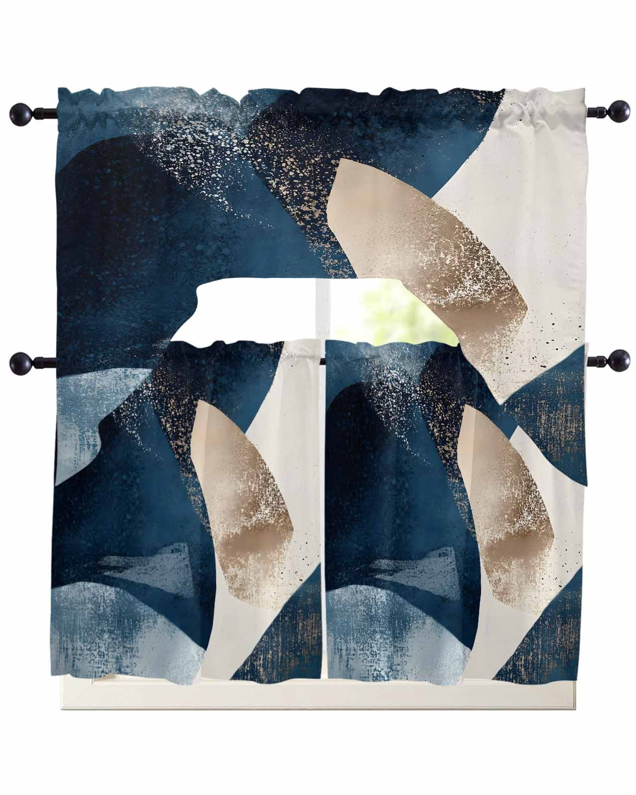 Abstract Geometric Swag Valance and Tier Curtains Set Dynamic Deep Blue ...