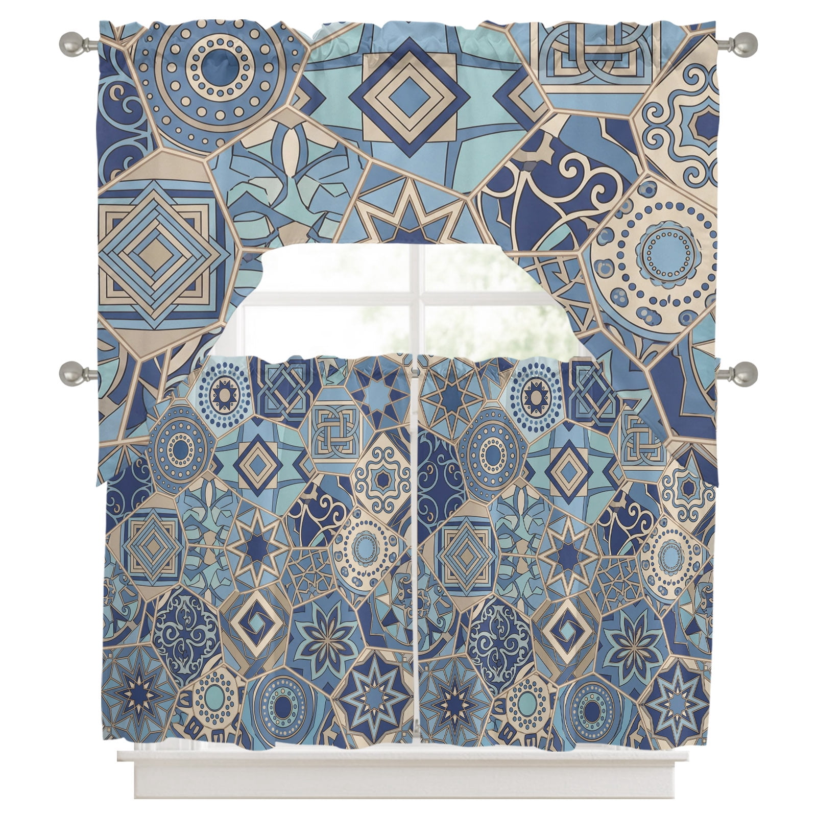 Abstract Geometric Swag Valance and Tier Set of 3, Blue Yellow Flower ...