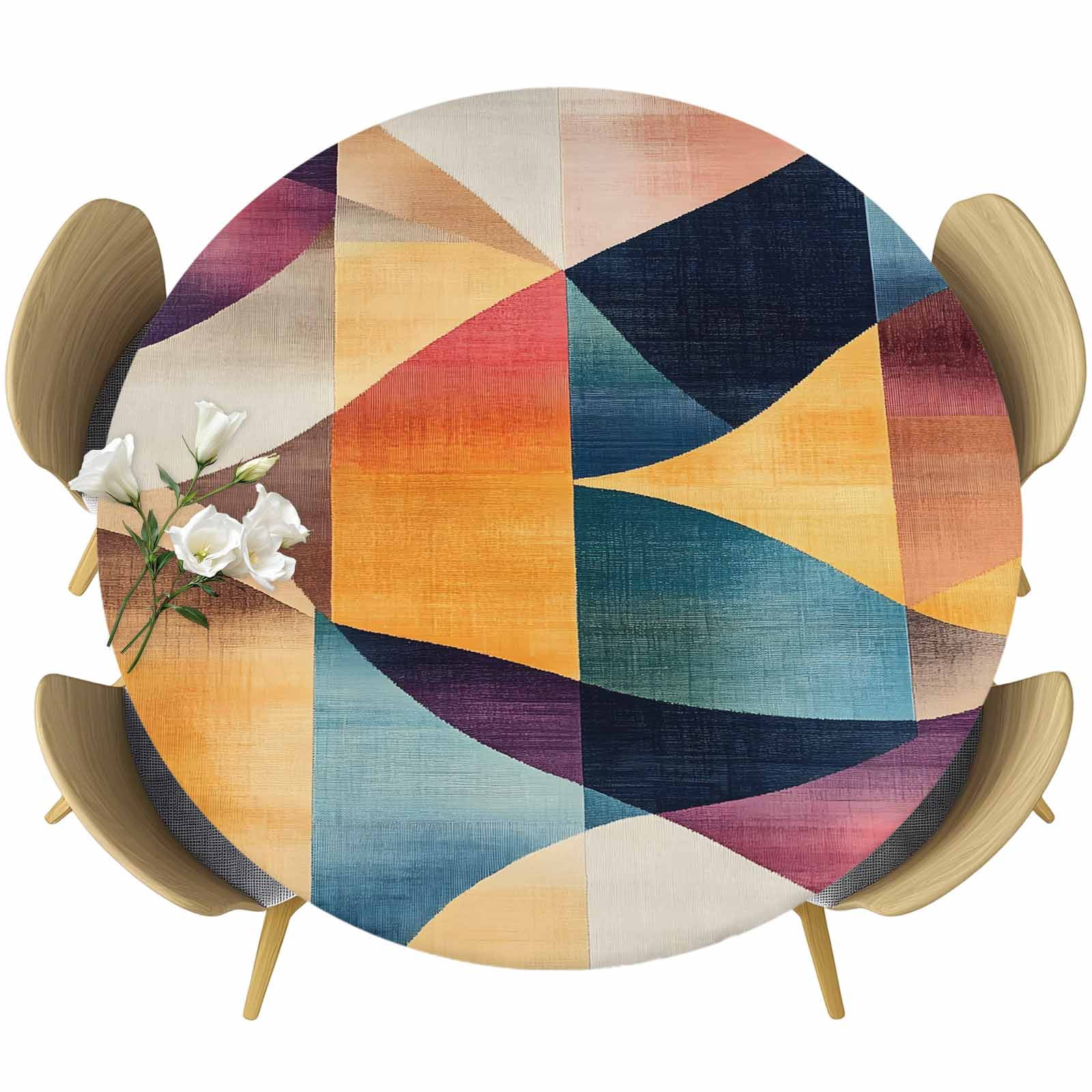Abstract Geometric Table Cloth, Round Fitted Tablecloths with Elastic ...