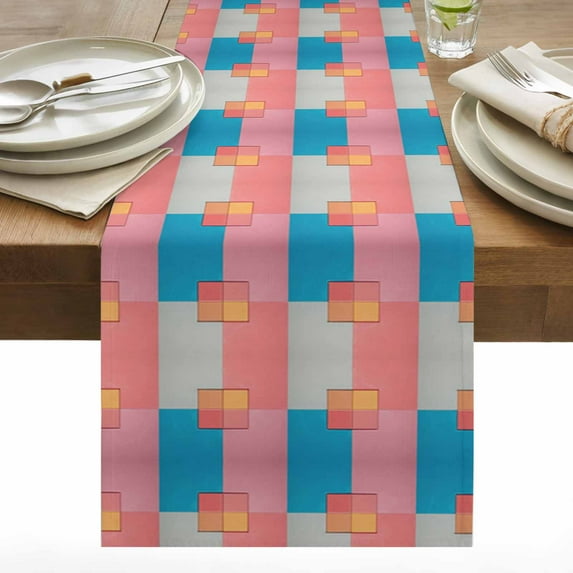 Abstract Geometric Table Runner 13x36 inch Blue Pink Color Block Cotton ...