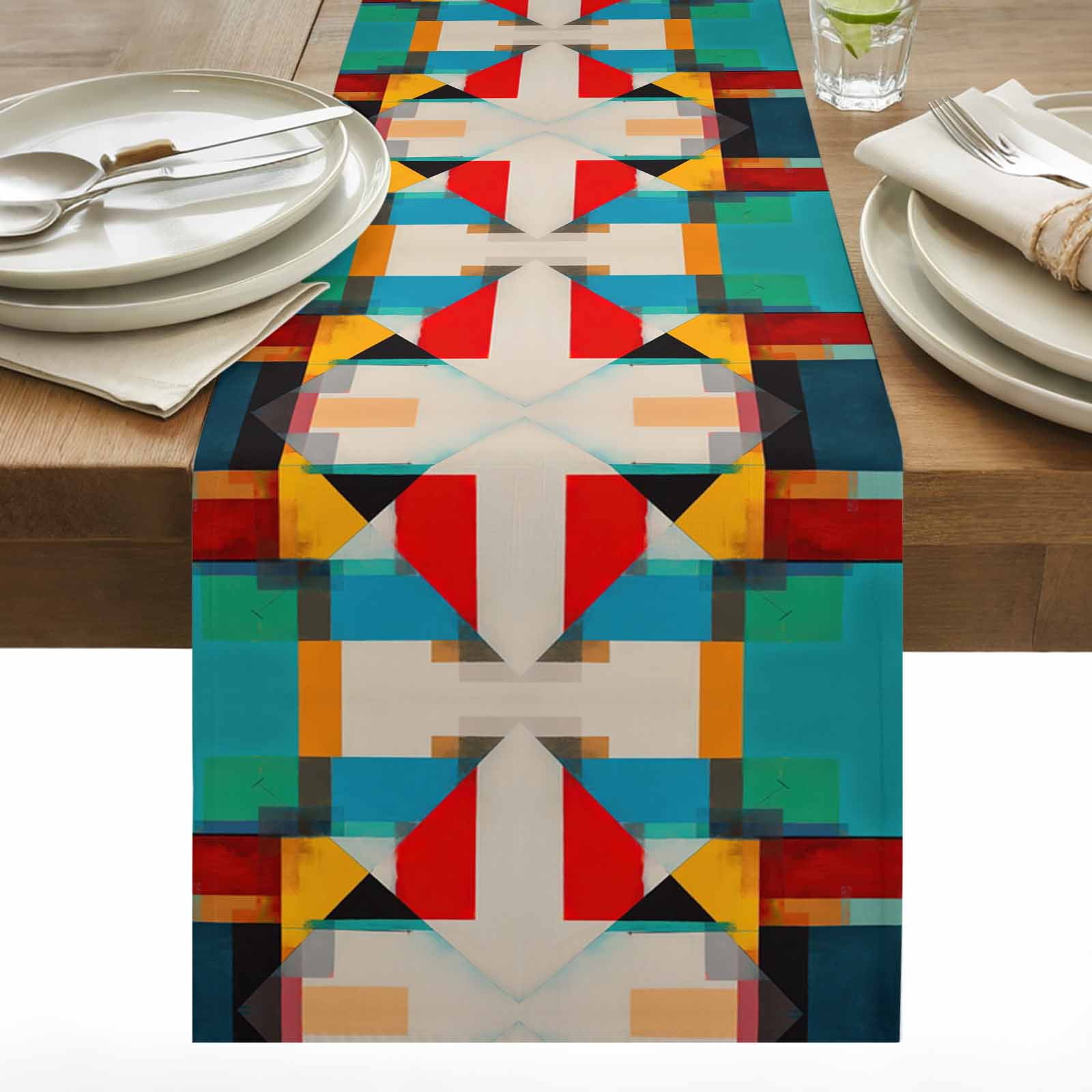 Abstract Geometric Table Runner 13x48 inch Red Blue Yellow Art Graffiti ...