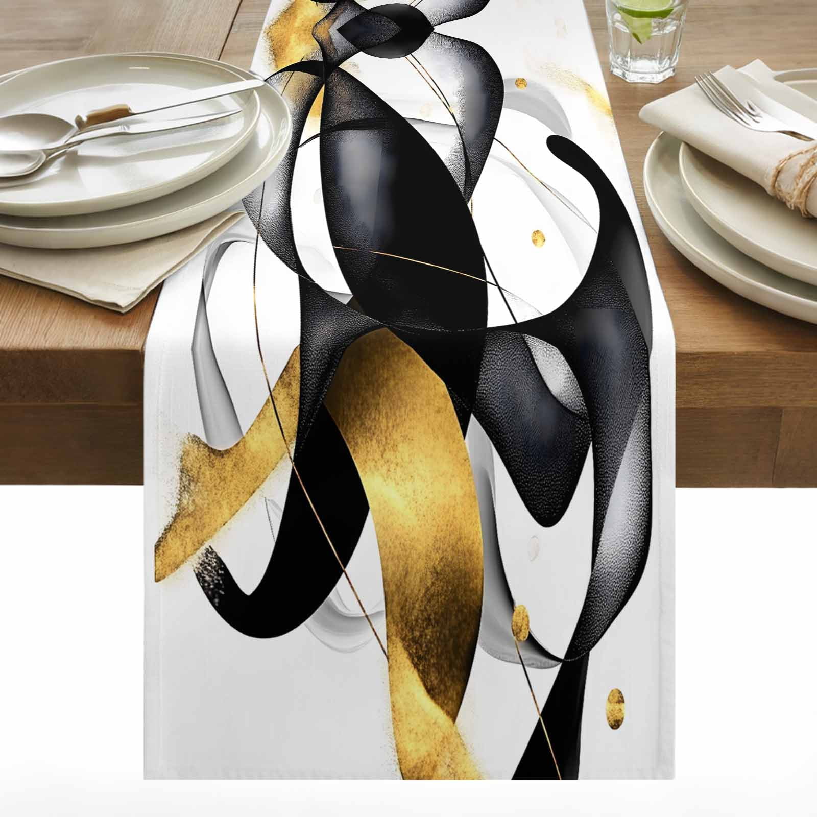 Abstract Geometric Table Runner 13x72 inch Black and Gold Line Cotton ...