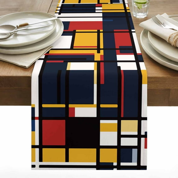 Abstract Geometric Table Runner 13x72 inch Blue Orange Red Blocks ...