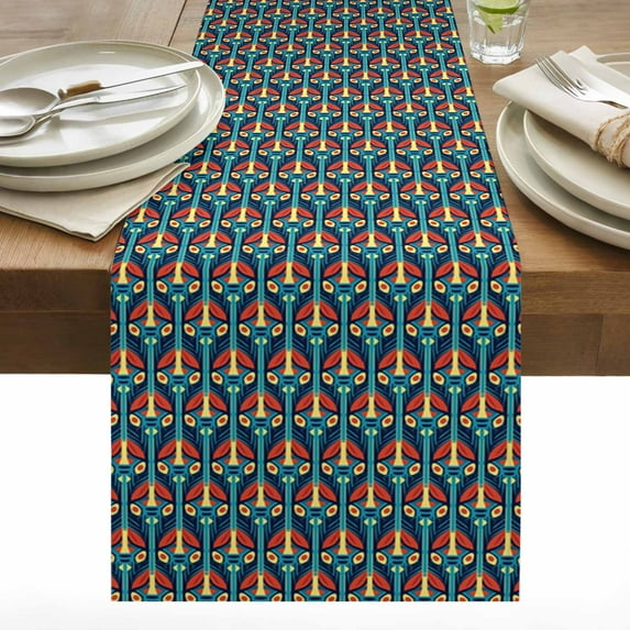 Abstract Geometric Table Runner 13x72 inch Red Flowers Blue Texture ...