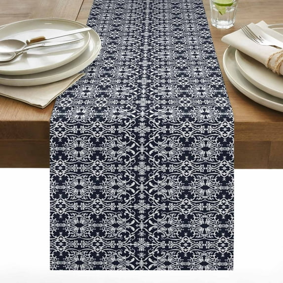 Abstract Geometric Table Runner 13x90 inch Flowers Floral Blue Texture ...