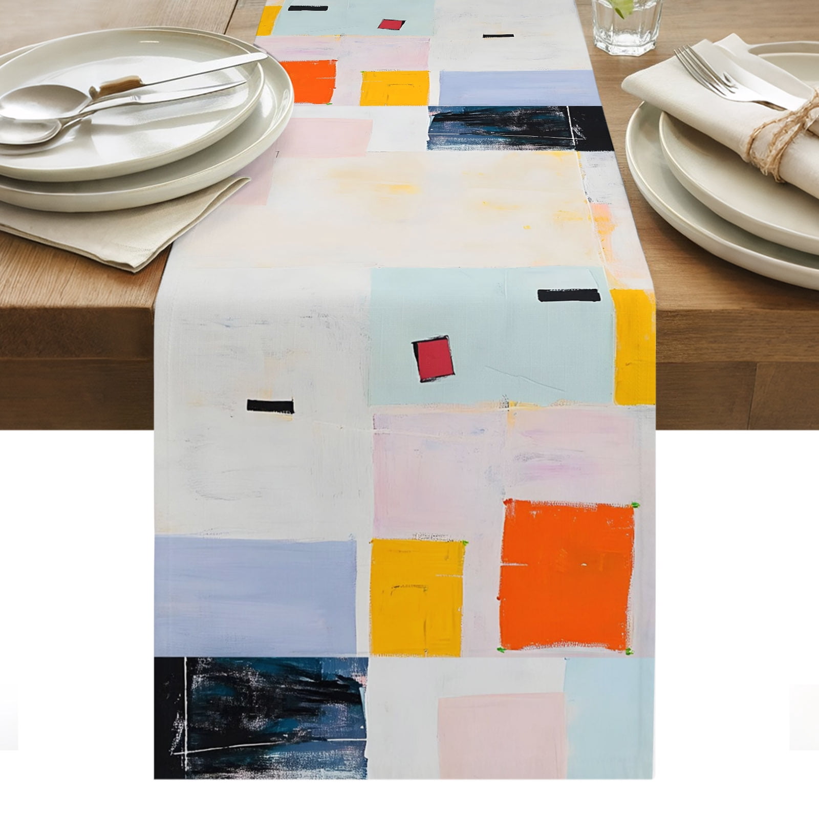 Abstract Geometric Table Runner Modern Cartoon Minimalist Color Blocks ...