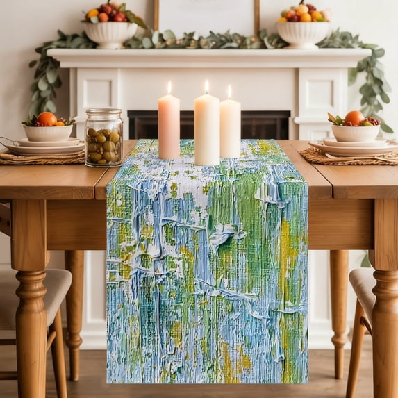 Abstract Geometric Table Runner, Yellow Blue Green Oil Painting Style ...