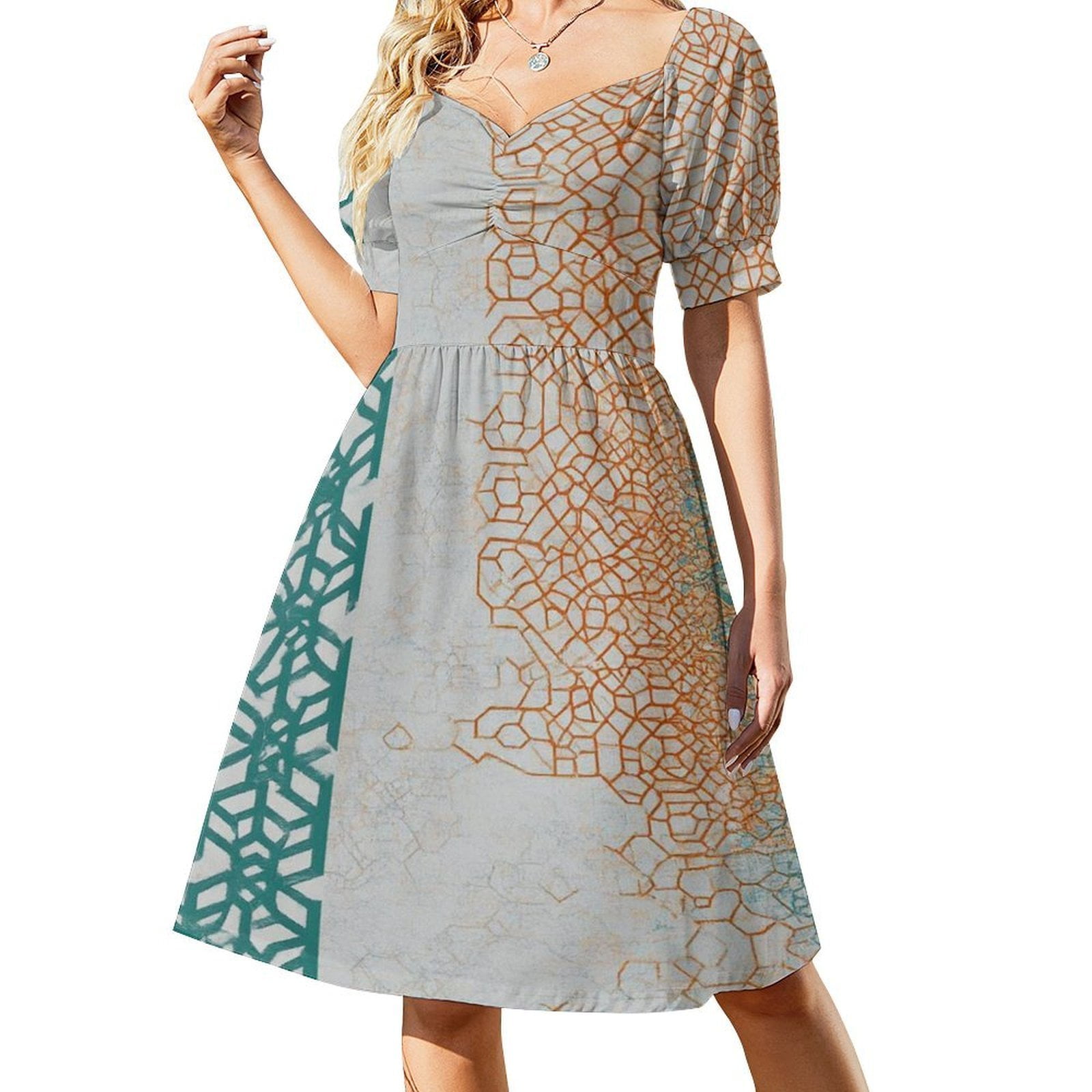 Abstract Geometric Teal Orange Design Short Sleeve Dress Clothes Women ...