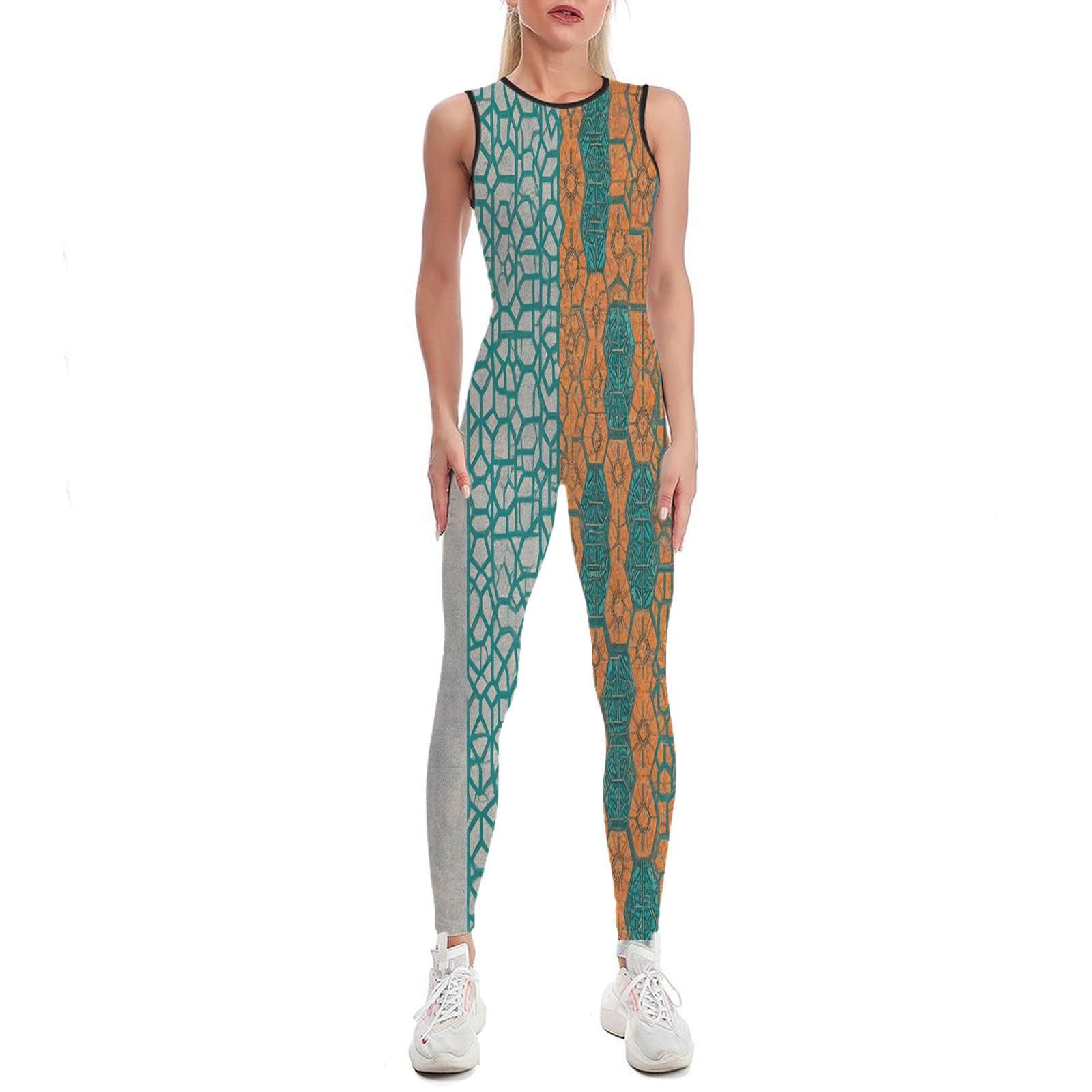 Abstract Geometric Teal Orange Design Women's One Piece Yoga Jumpsuits ...