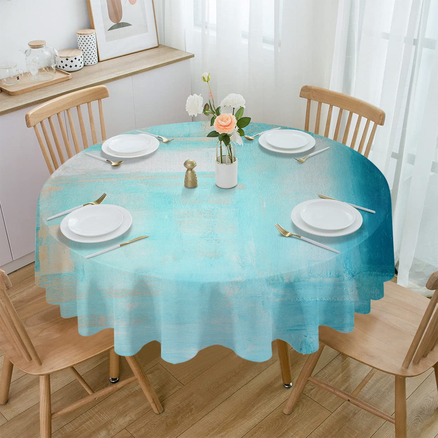 Abstract Geometric Teal Waterproof Tablecloth Tea Table ration Round ...
