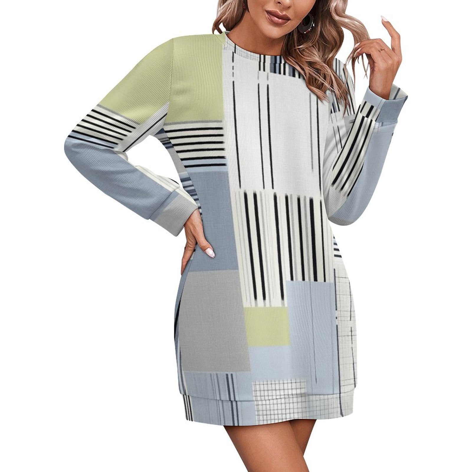 Abstract Geometric Textile Design Women Elegant Long Sleeve Warm Dress ...