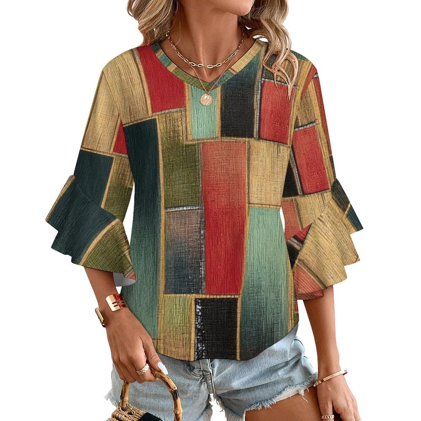 Abstract Geometric Textile Pattern Women's V-Neck Blouse With 3/4 ...