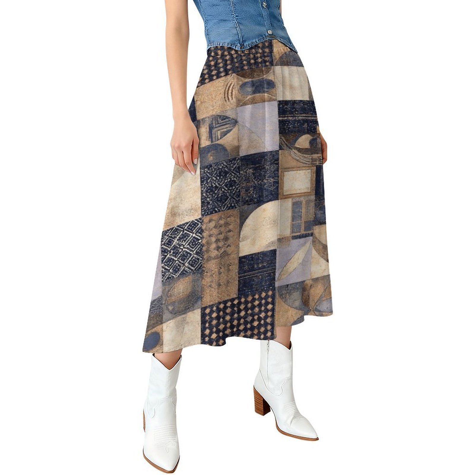 Abstract Geometric Tile Pattern Women High Waist Midi Skirt Elegant ...