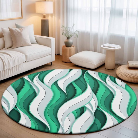 Abstract Geometric Twist Line Round Rug 5ft Modern Green White Stripe ...