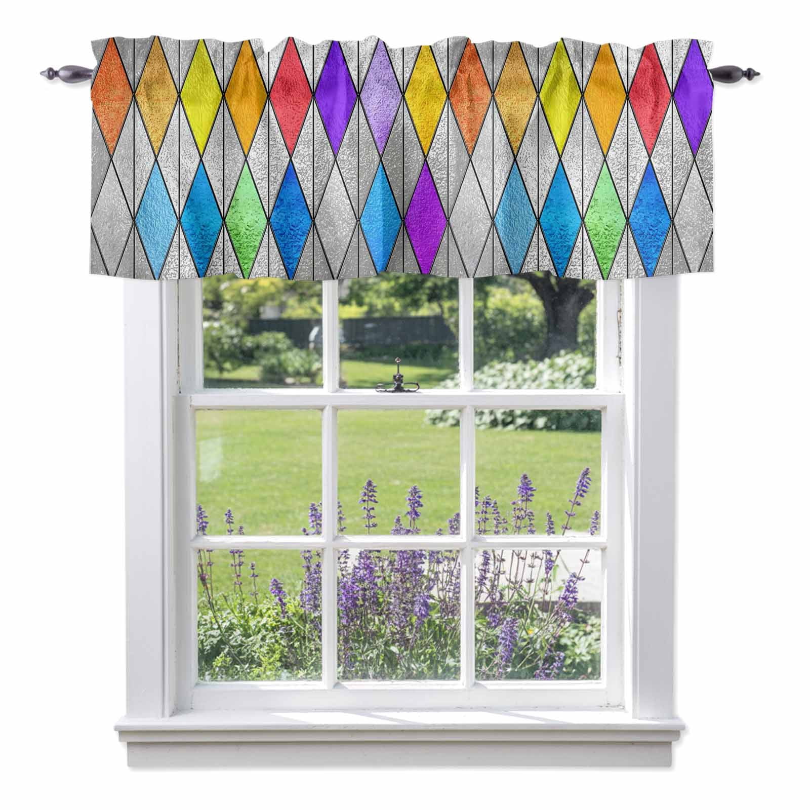 Abstract Geometric Valance Curtain Modern Rainbow Argyle Color Blocks ...