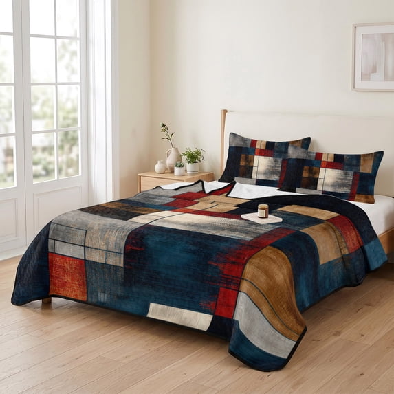 Abstract Geometric Vintage 3 Pieces Quilt Set,1 Quilt with 2 Shams ...