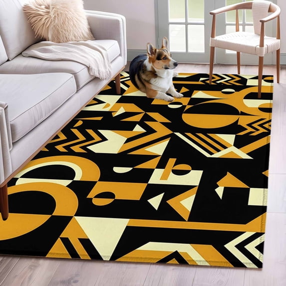 Abstract Geometric Washable Area Rug 4x6 Yellow Bold Shapes Graphic ...