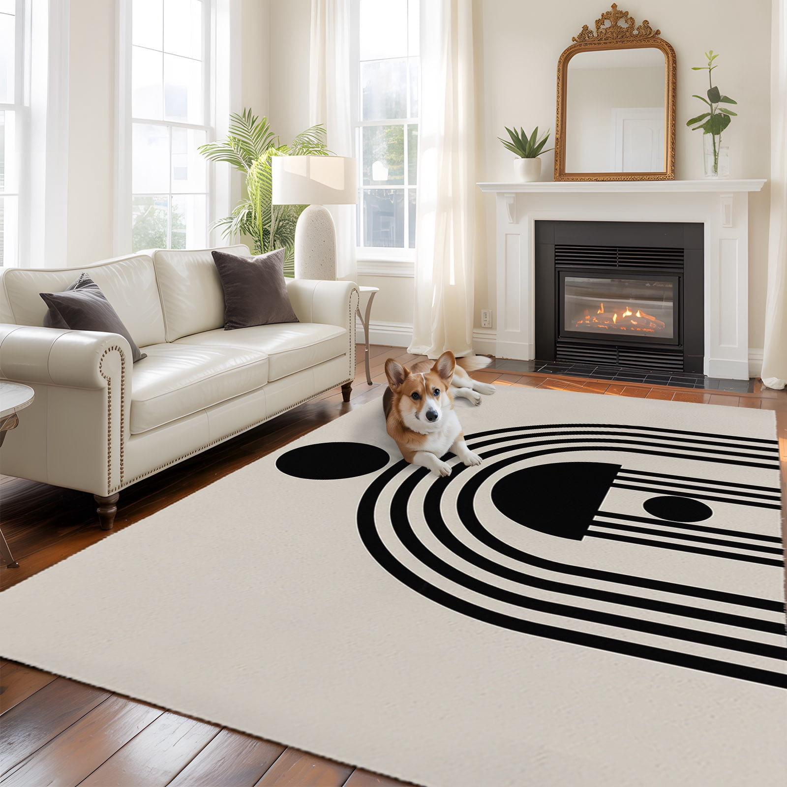 Abstract Geometric Washable Area Rug 5x7 Mid Century Minimalist Black ...