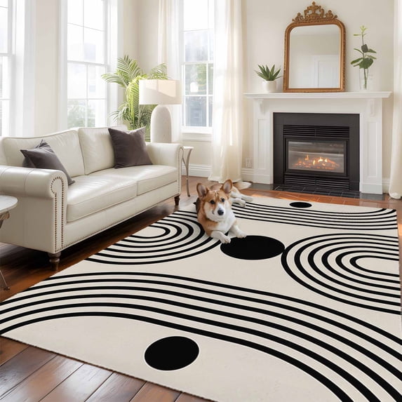 Abstract Geometric Washable Area Rug 6x9 Minimalist Modern Black Line ...