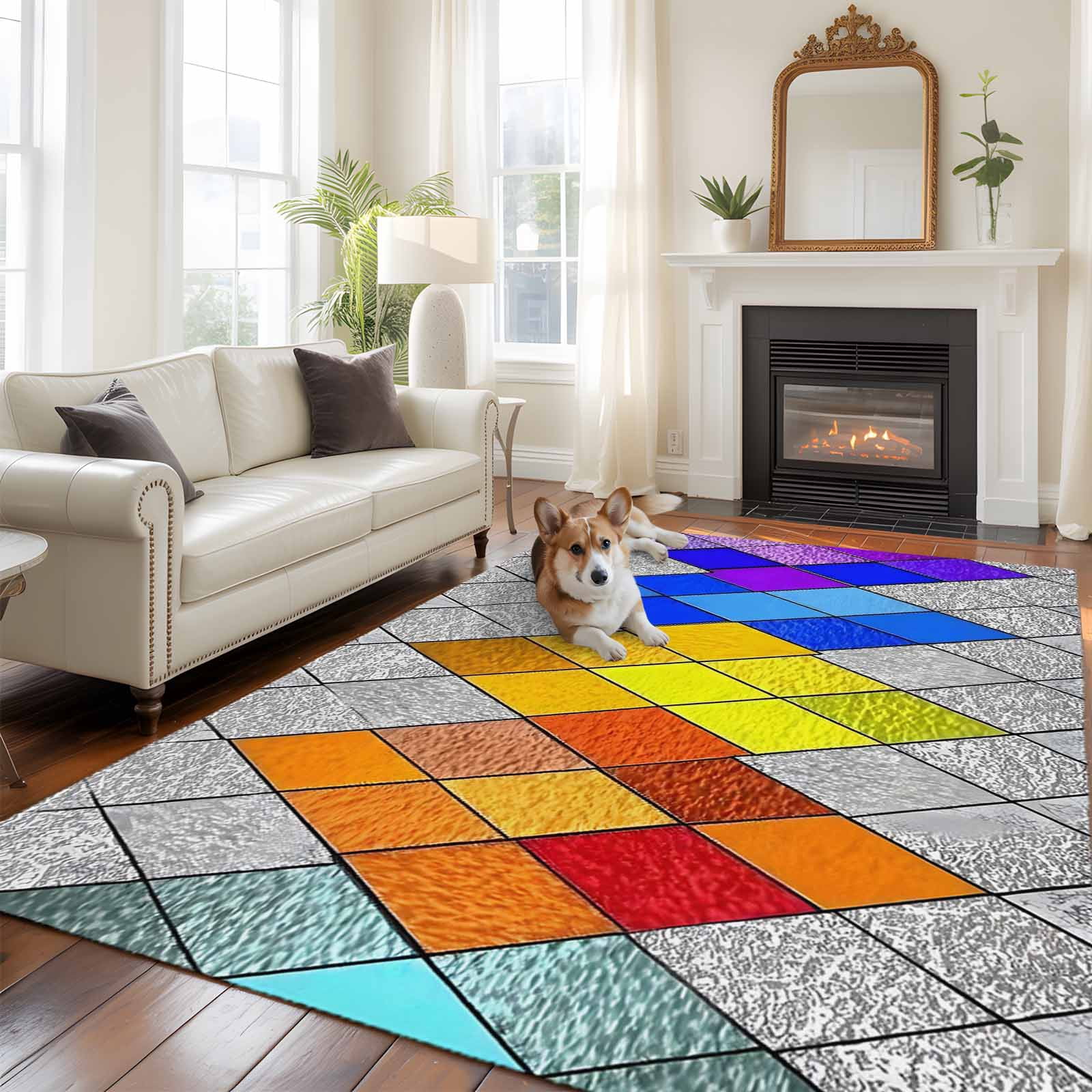 Abstract Geometric Washable Area Rug 6x9 Modern Gradient Argyle Glass ...