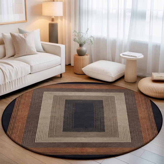 Abstract Geometric Washable Round Area Rug 3.3 ft, Black and Brown Wood ...