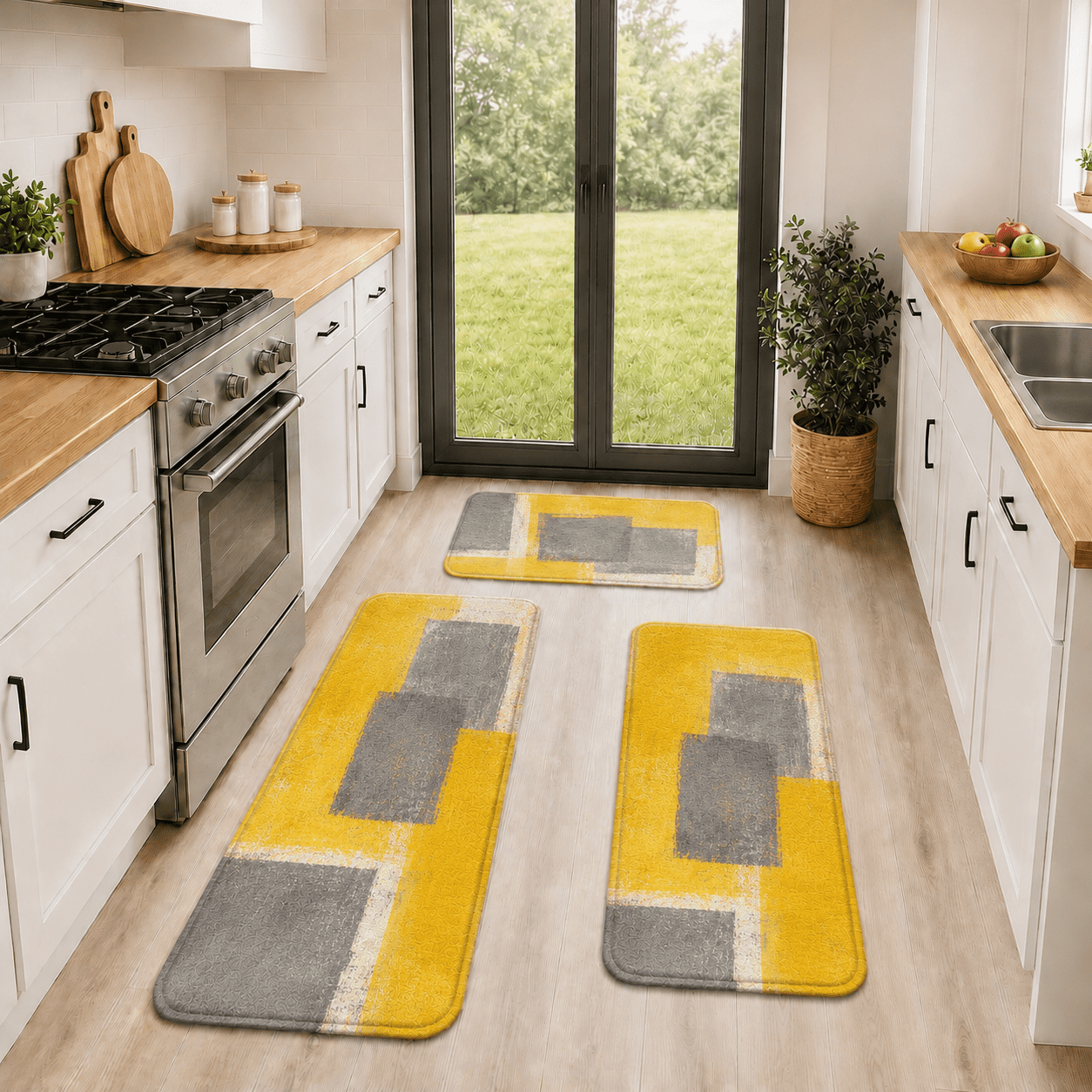 Abstract Geometric Yellow Grey Modern Kitchen Runner Rug Set Three ...