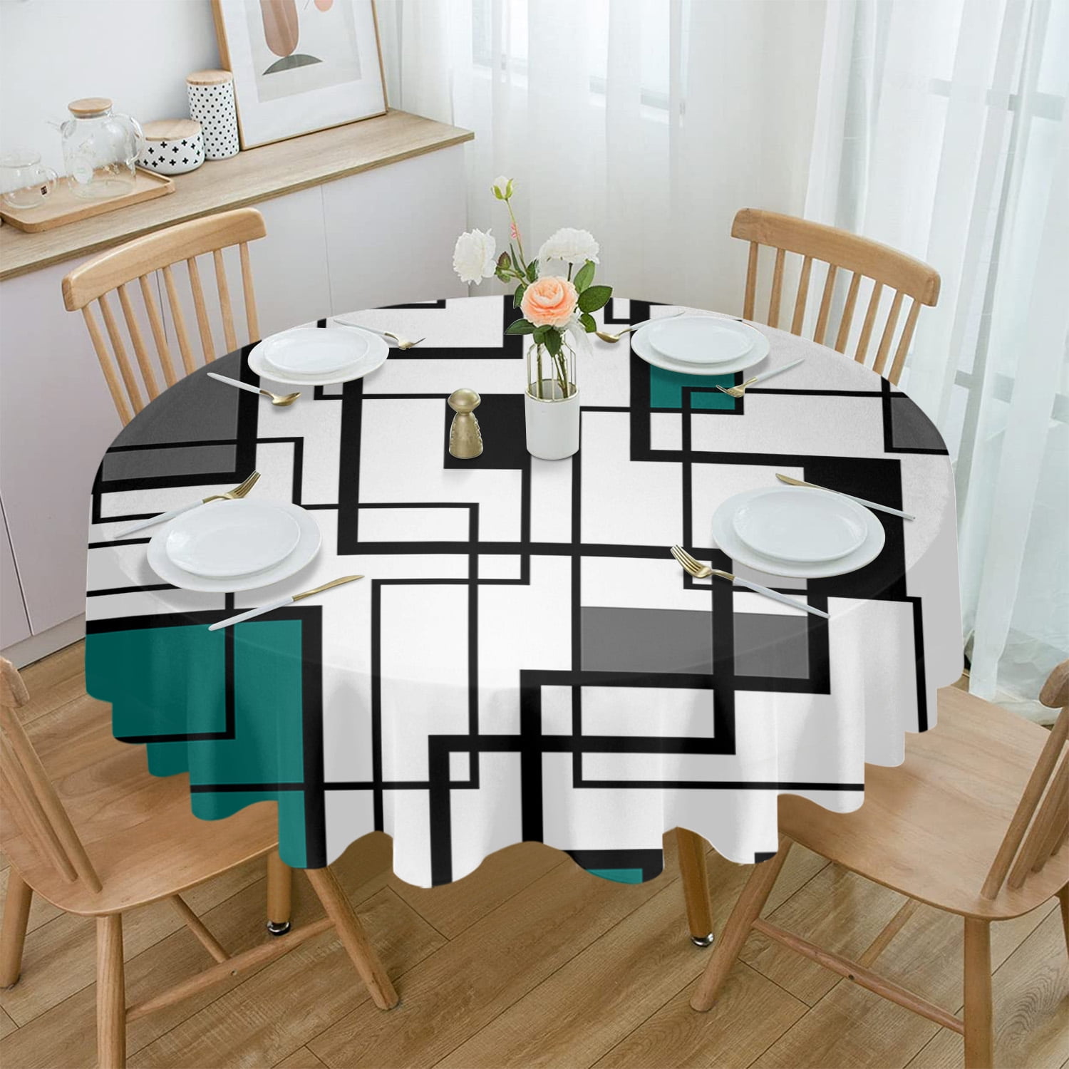 Abstract Geometry Aqua Duck Green Round Tablecloth Waterproof Table ...