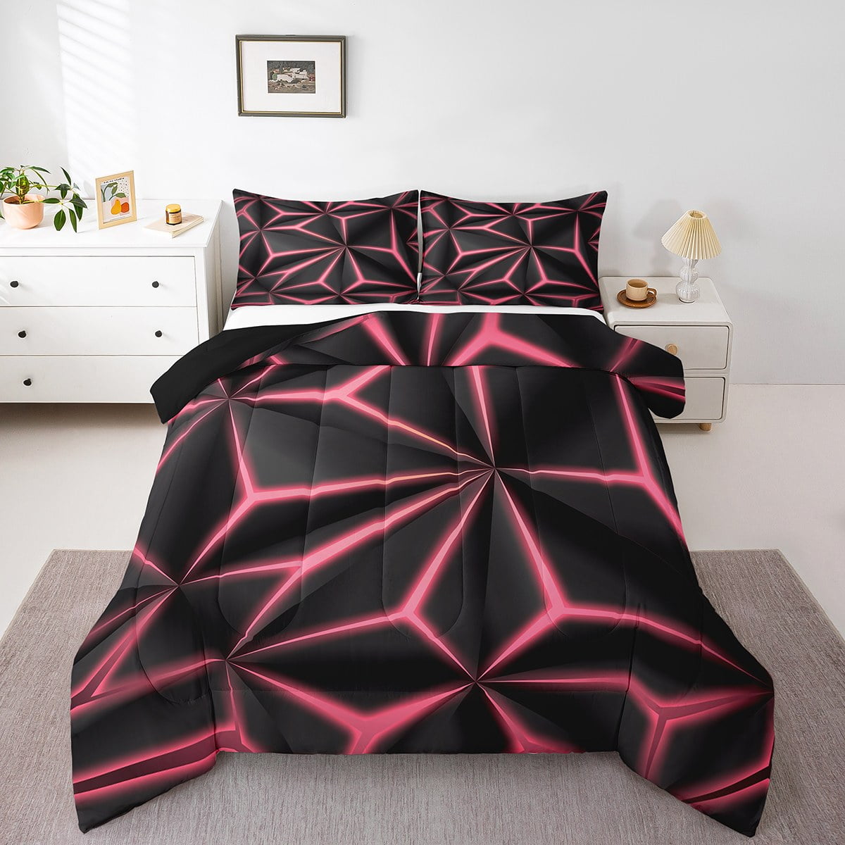 Abstract Geometry Bedding Set Full Size,Pink Neon Light Comforter Set ...
