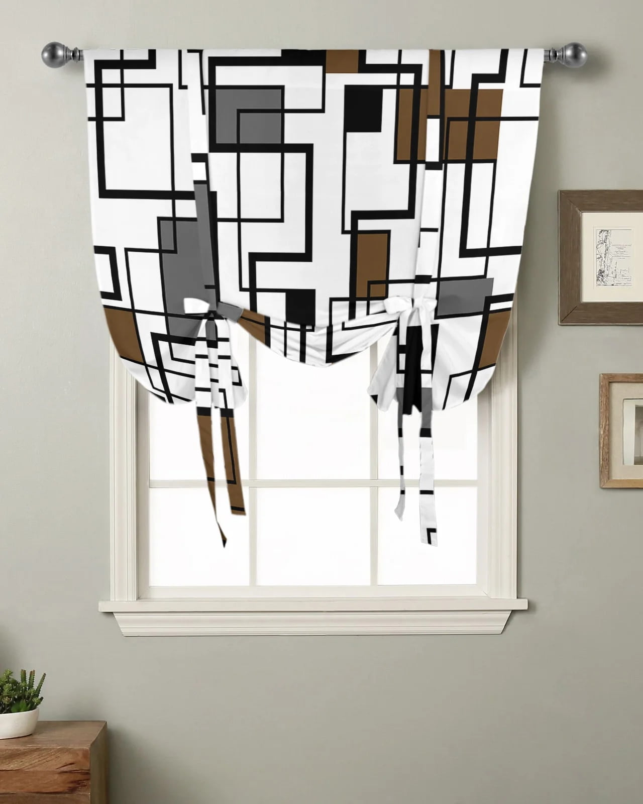 Abstract Geometry Blocks Modern Art Brown Kitchen Short Window Curtain ...