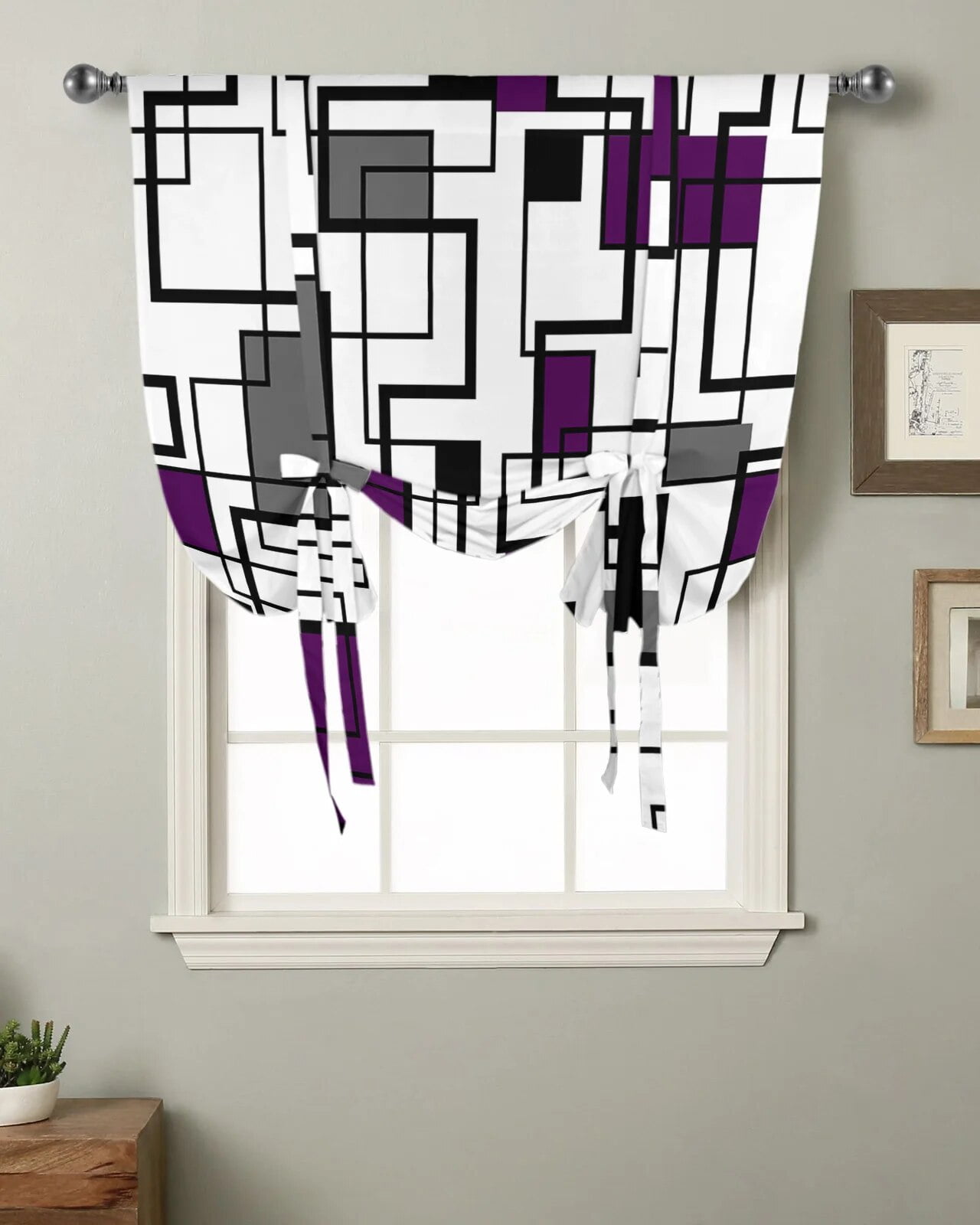 Abstract Geometry Blocks Modern Art Purple Kitchen Short Window Curtain ...
