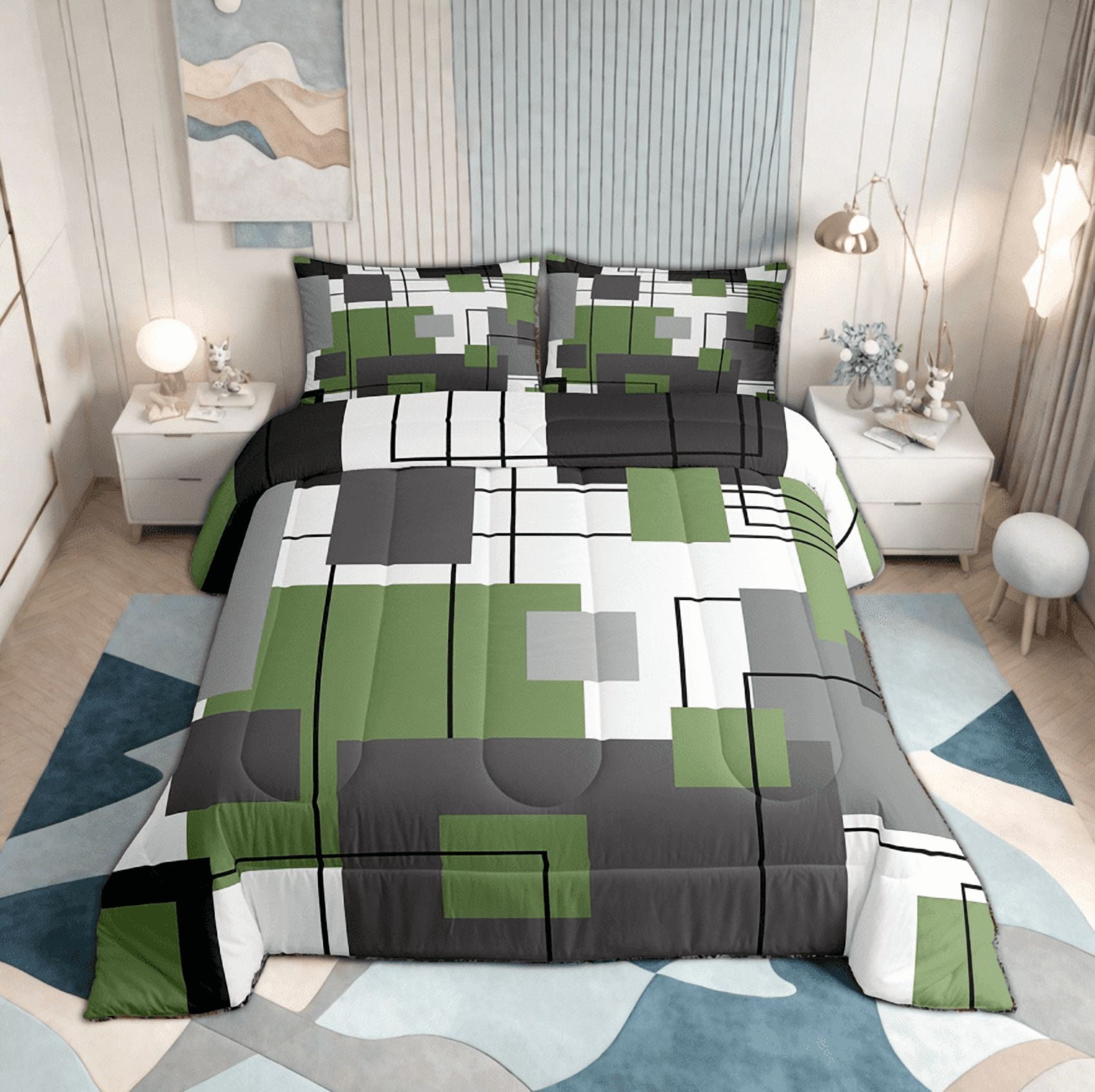 Abstract Geometry Comforter Set Twin Black Grey Green Comforter ...