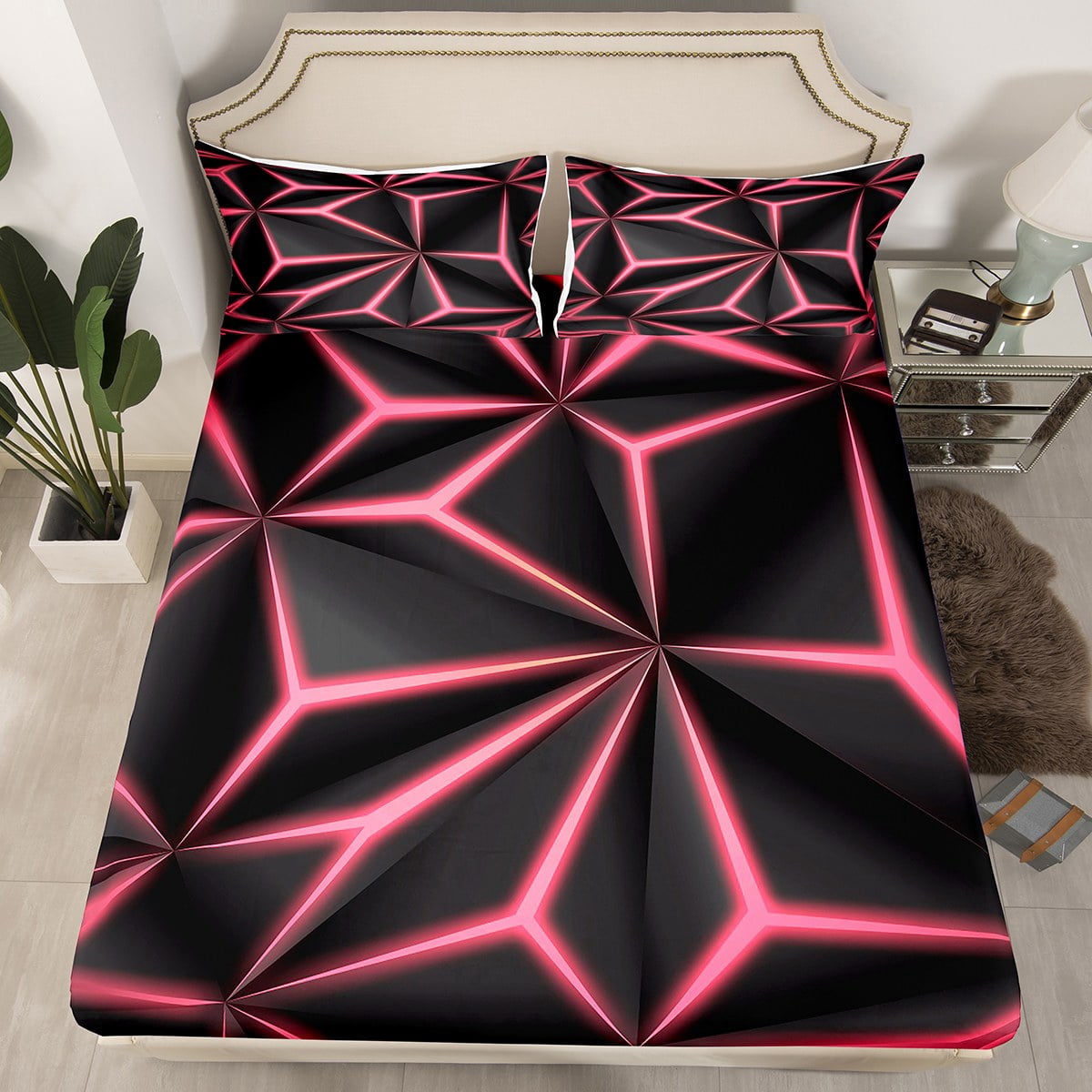 Abstract Geometry Fitted Sheet Full Size,Pink Neon Light Bed Sheets ...