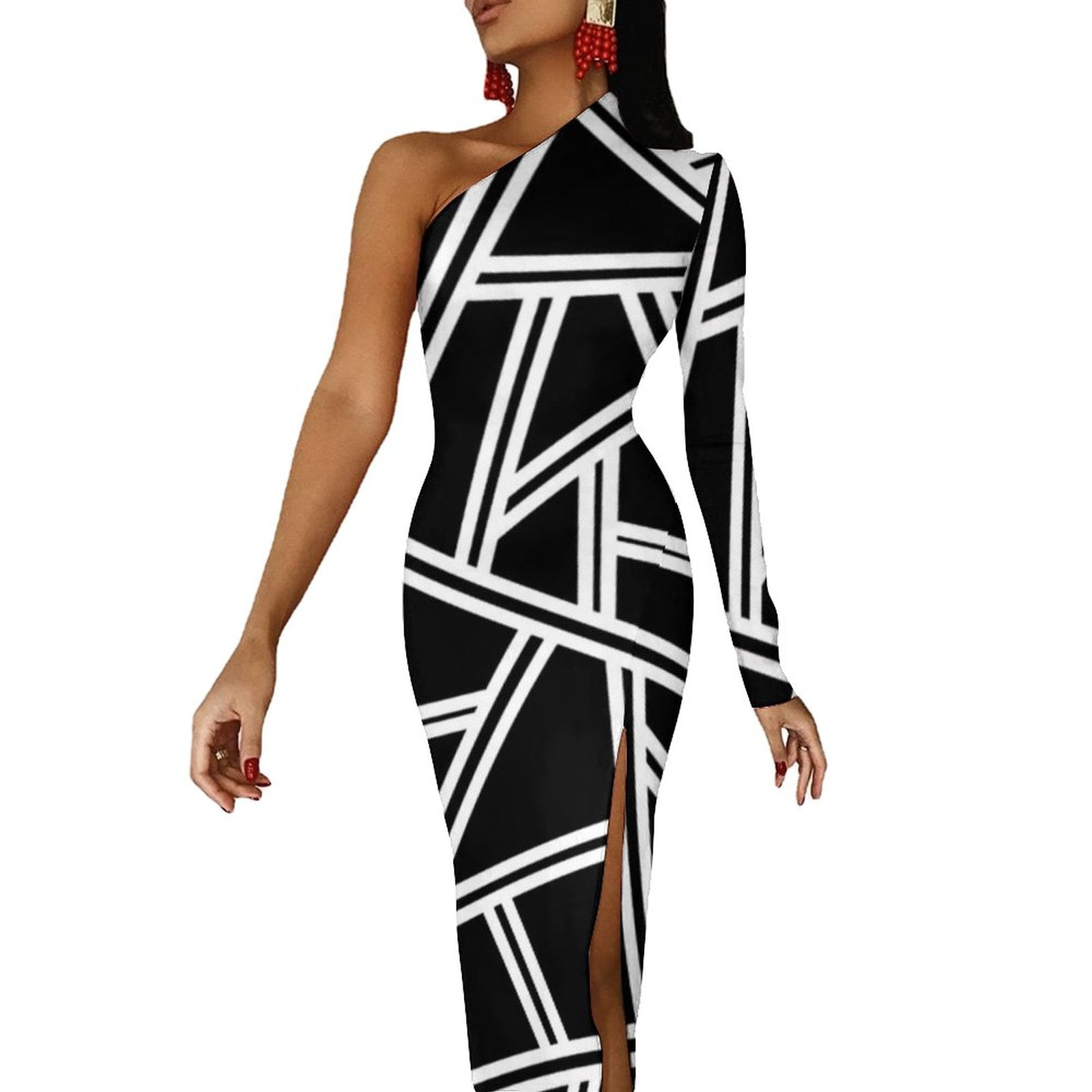Abstract Geometry High Slit Bodycon Dress Multicolor Checkered Elegant ...