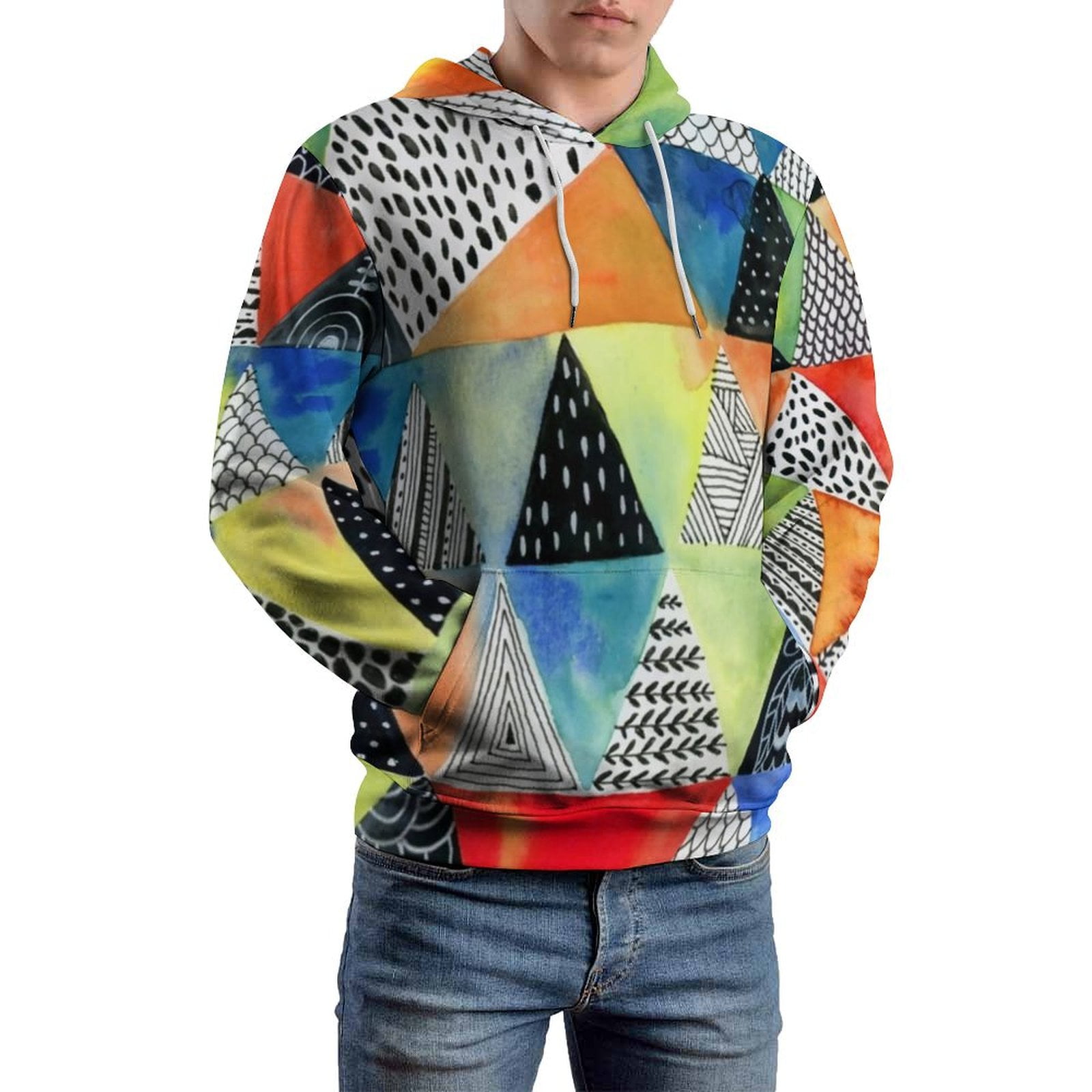 Abstract Geometry Loose Hoodies Colorful Triangle Print Pullover Hoodie ...