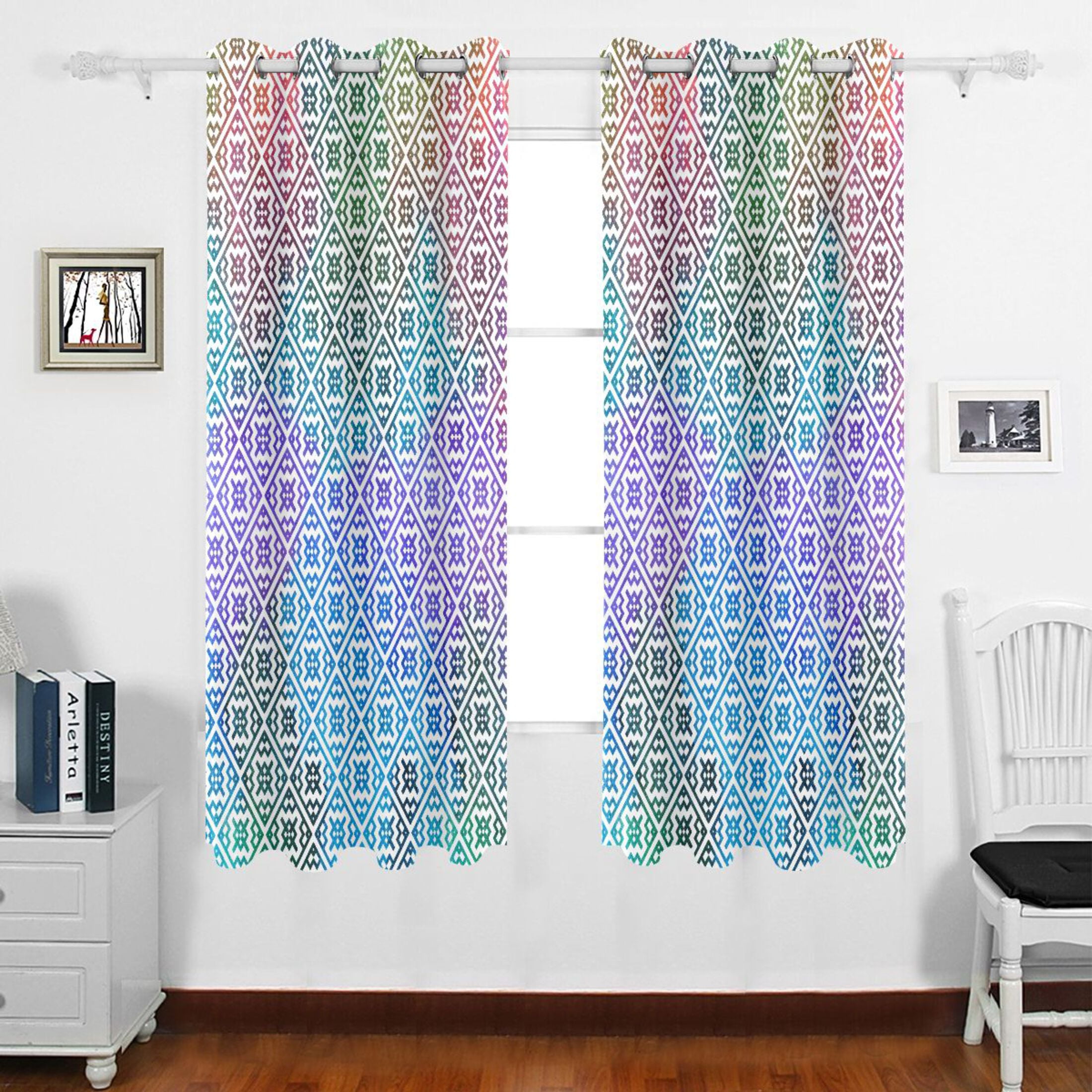Abstract Geometry Rainbow Print Grommet Blackout Curtains Thermal ...