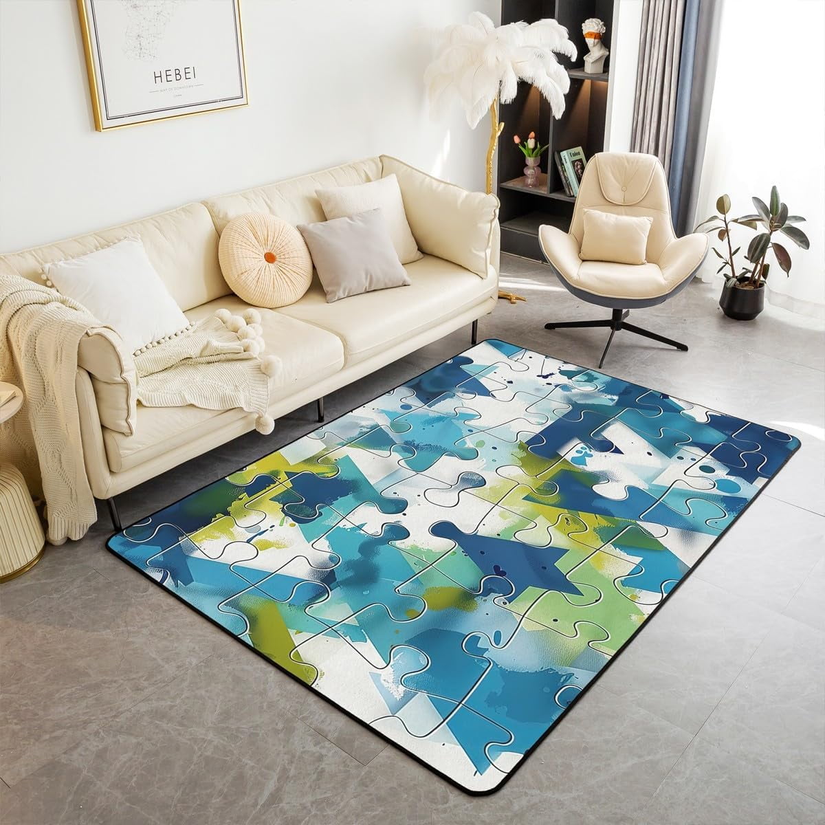 Abstract Geometry Rug Watercolor Blue Green Paint Non Slip Decorative ...