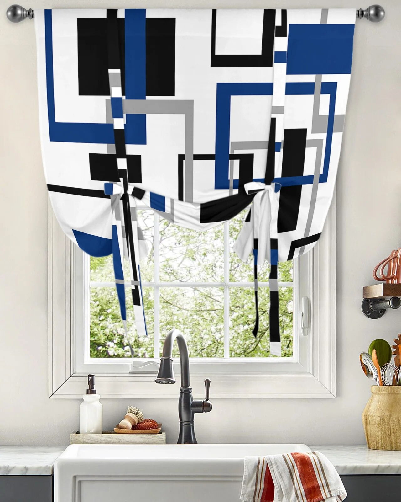 Abstract Geometry Square Modern Art Black Blue Curtain for Living Room ...