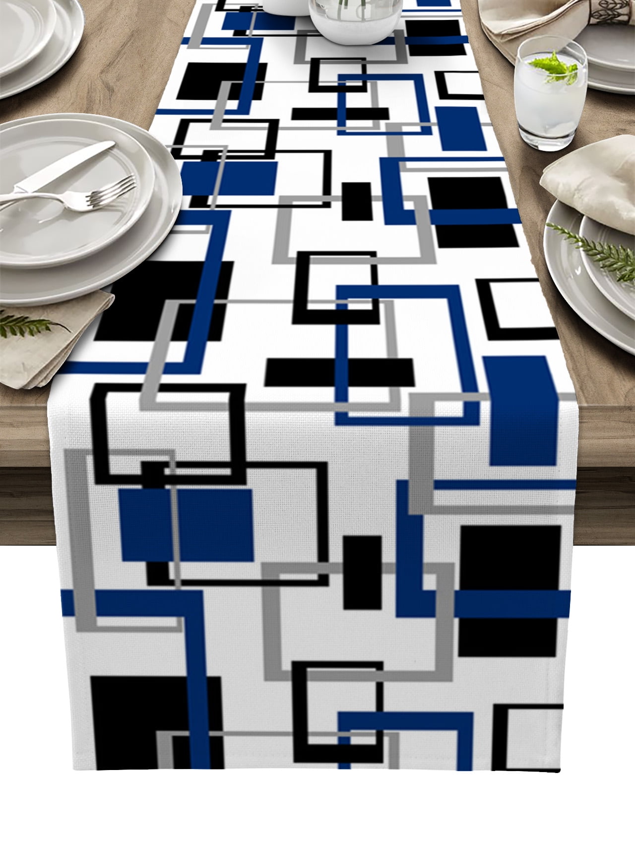 Abstract Geometric Squares Black Blue Table Runner ration Home r Dinner ...