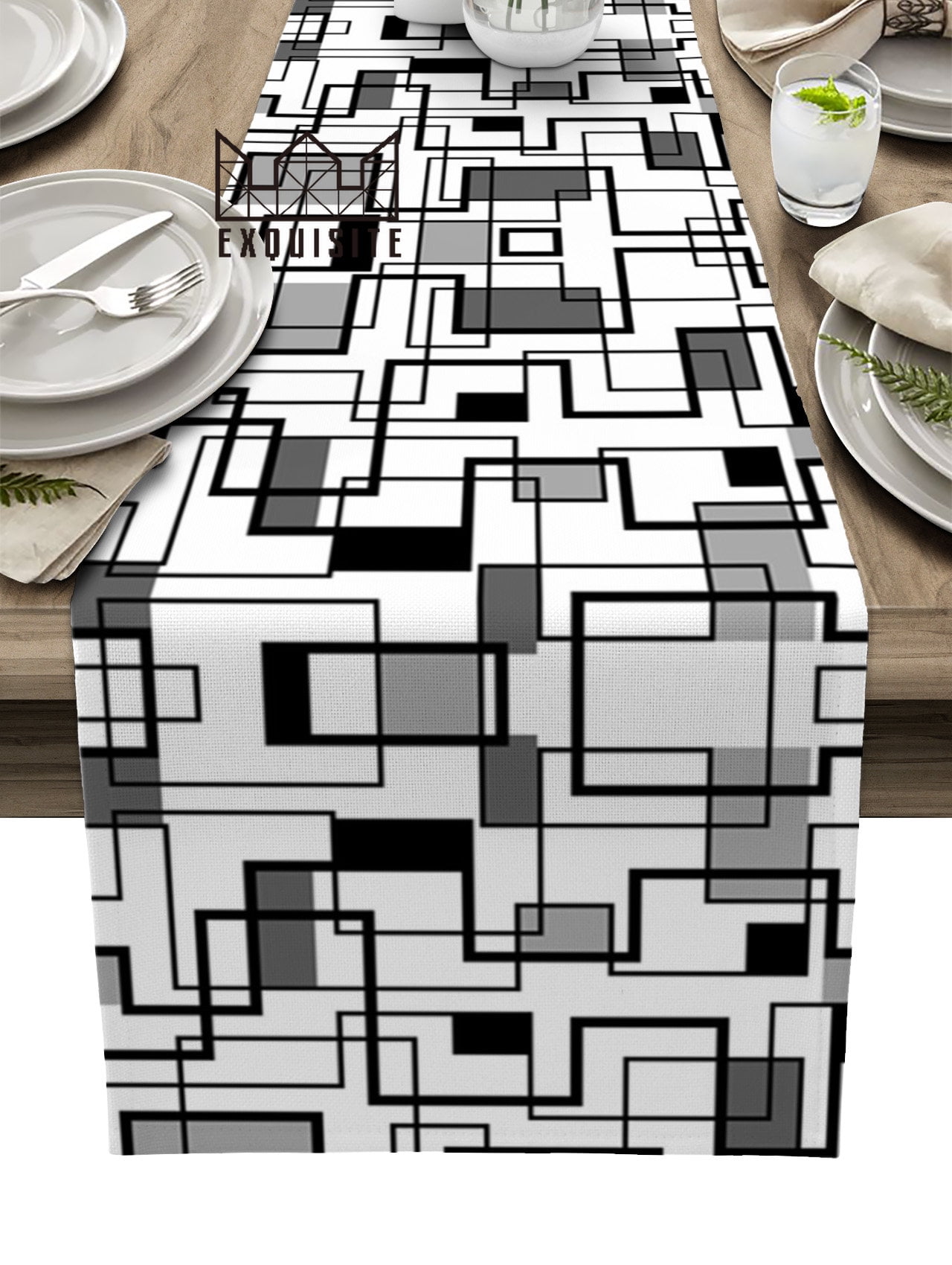 Abstract Geometry Square Modern Art Black Grey Table Runner Wedding ...