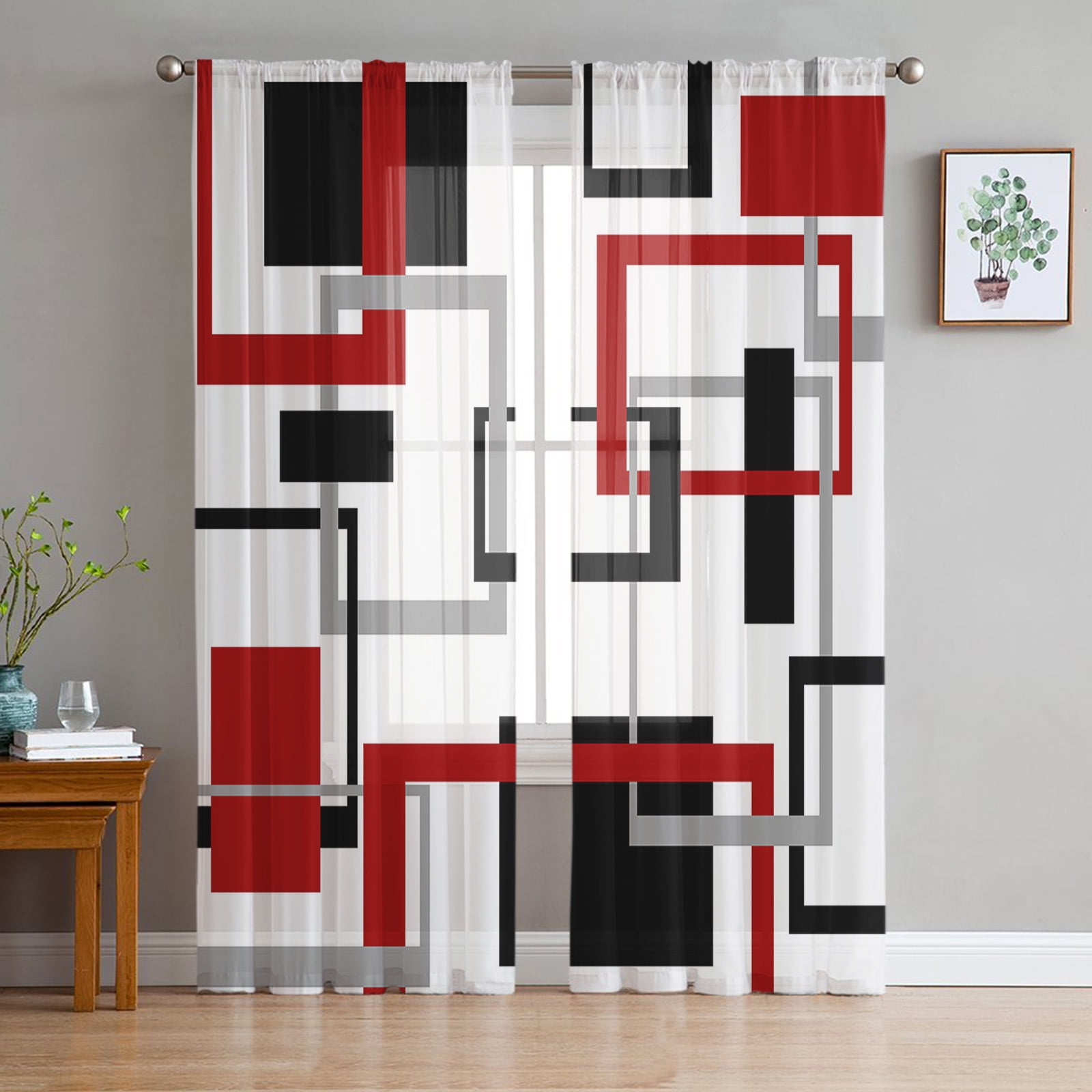 Abstract Geometry Squares Modern Art Black Red Sheer Curtains for ...