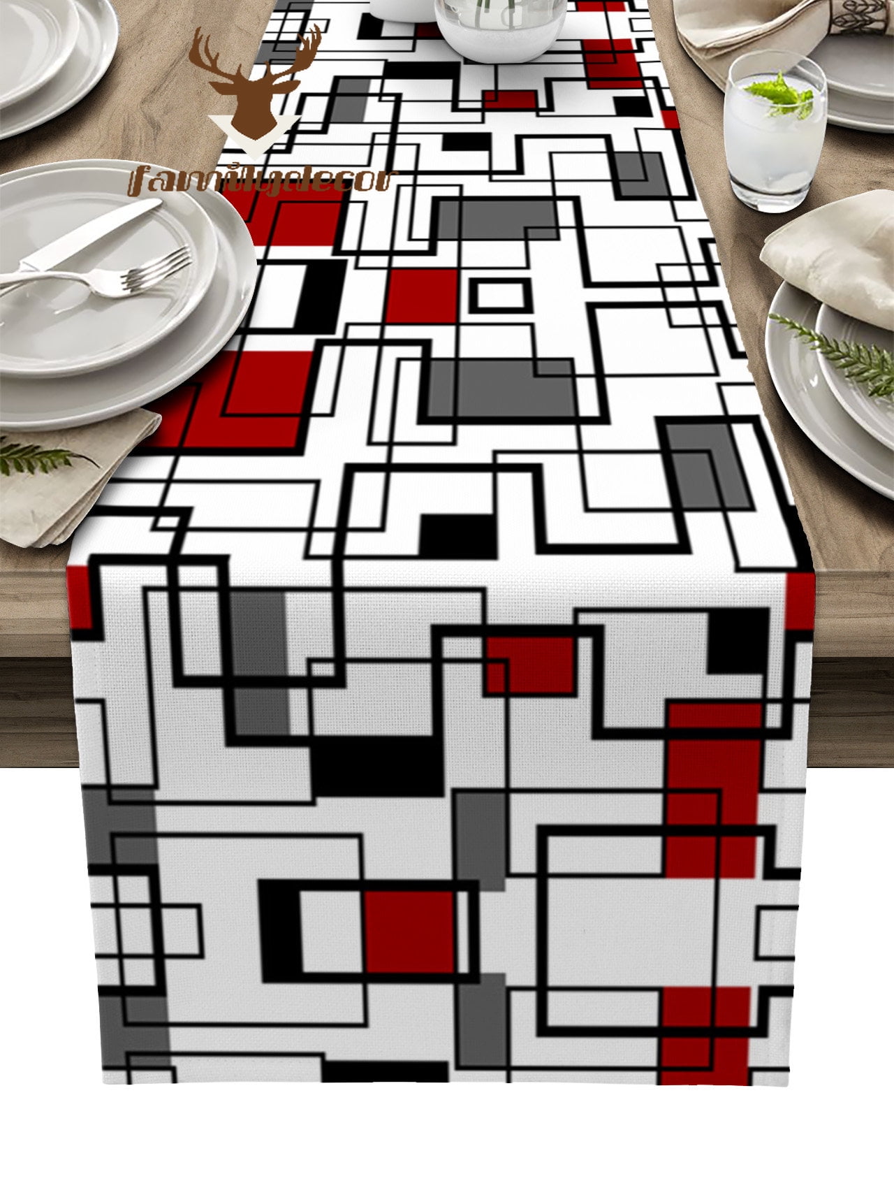 Abstract Geometry Squares Modern Art Black Red Table Runner Home ...