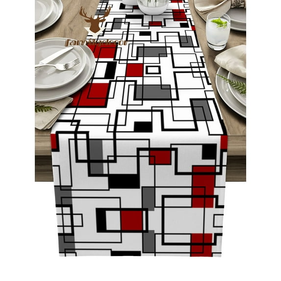 Abstract Geometry Squares Modern Art Black Red Table Runner Home ...